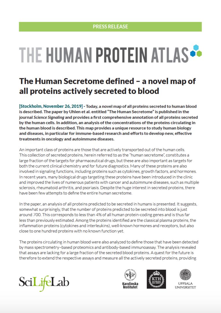 Press release: The Human Secretome defined – a novel map of all ...